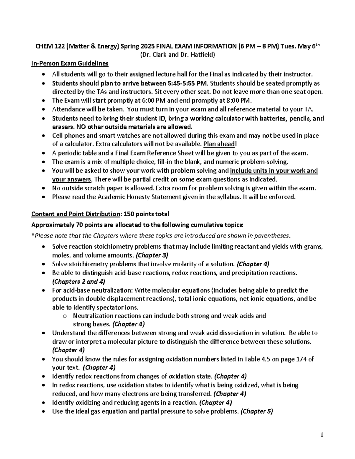 CHEM 122 Spring 2025 Final Exam Study Guide: Matter & Energy Overview ...
