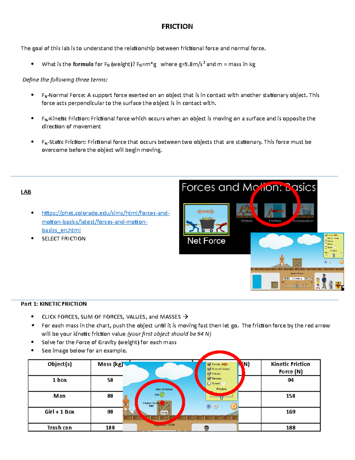Friction Lab - FRICTION The goal of this lab is to understand the ...