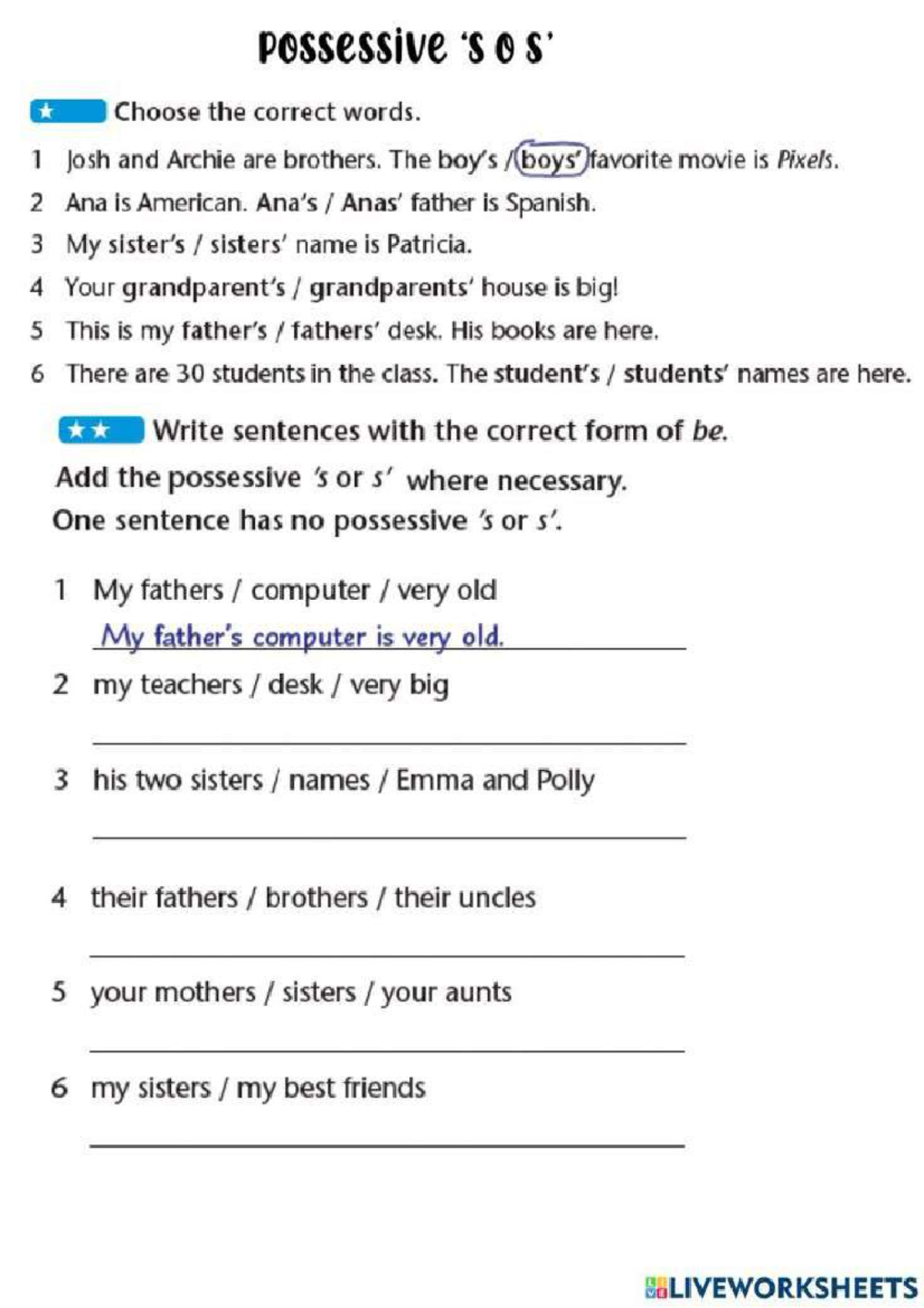 Possessive 's - Lecture Notes for LIVEWORKSHEETS - Studocu
