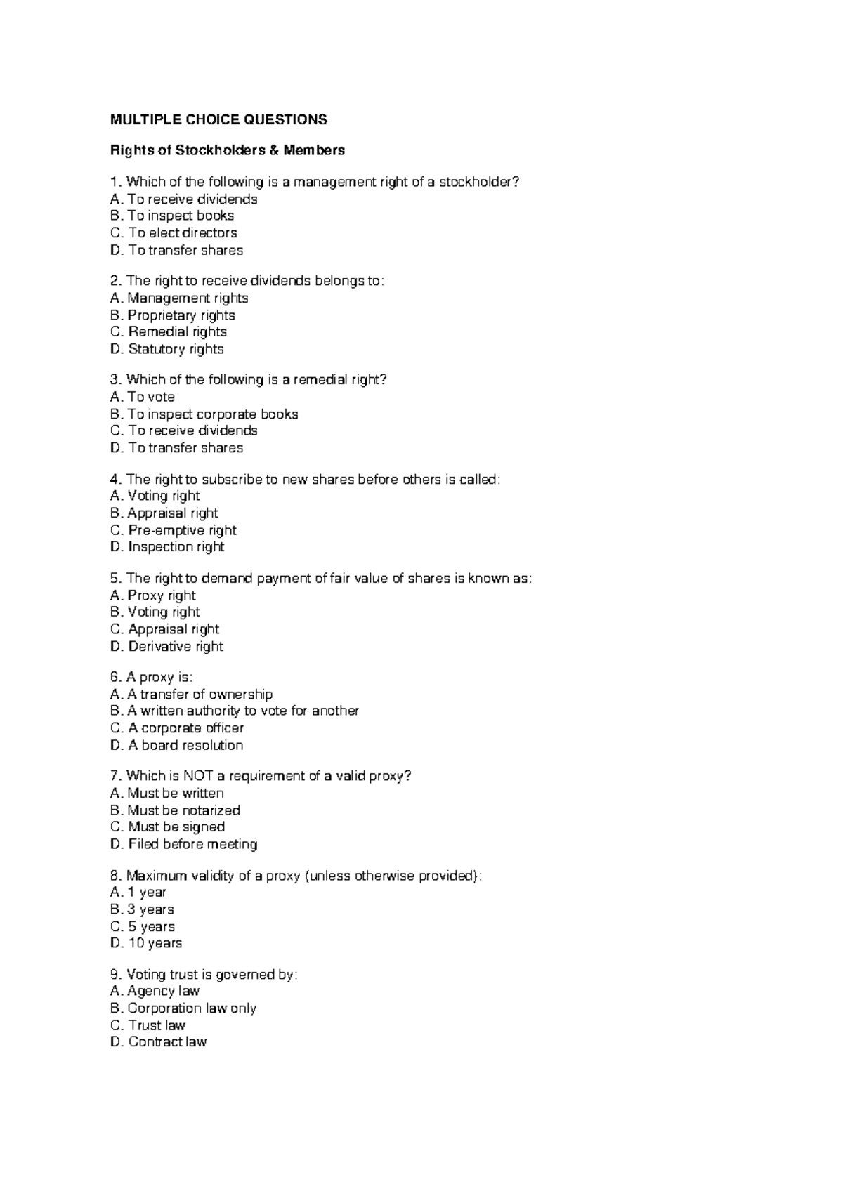 MCQ Review: Rights of Stockholders for Exam Prep - Studocu