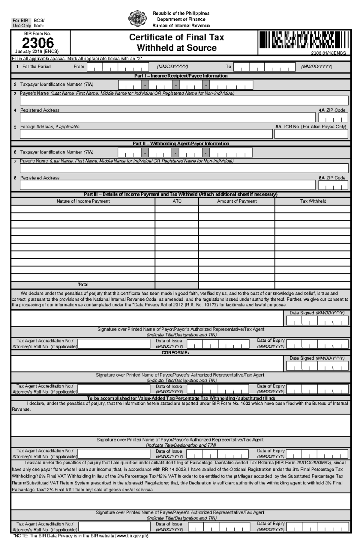 BIR Form 2306: Certificate of Final Tax Withheld at Source (Jan 2018 ...