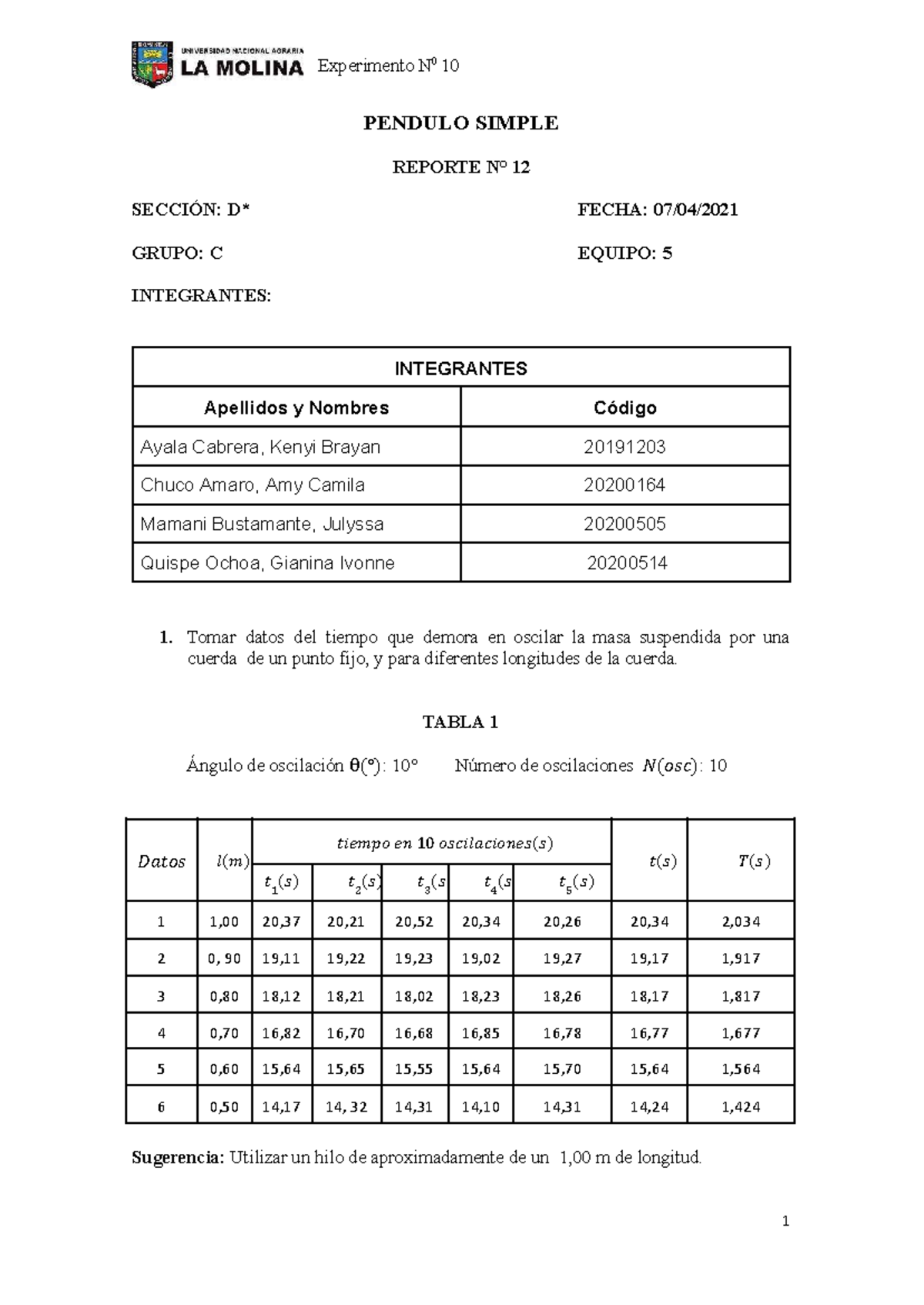 Reporte 10: Péndulo Simple - Experimento y Análisis - Studocu