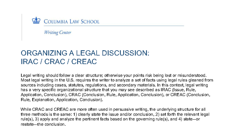 Legal Writing Techniques: IRAC, CRAC, CREAC Guide (WC) - Studocu
