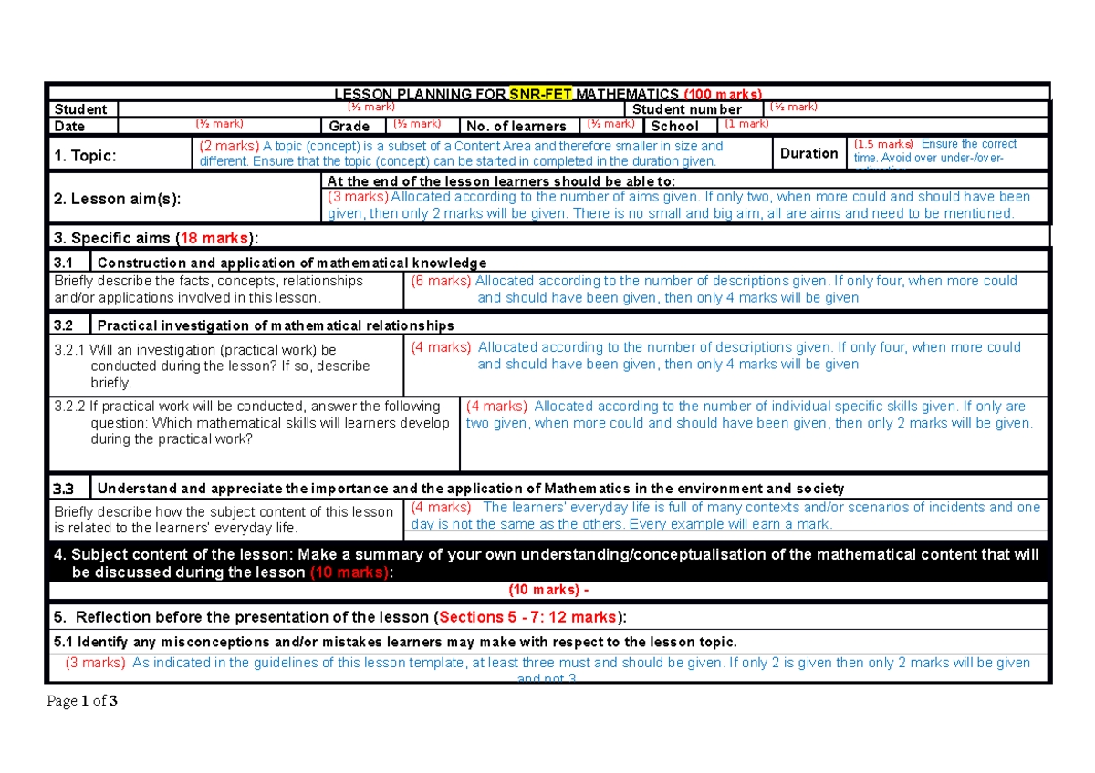 Lesson planning SNR-FET Mathematics August 2021 Marking Rubric - LESSON ...