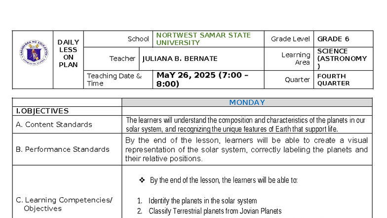 Bernate - Grade 6 Science Lesson Plan: Exploring the Solar System - Studocu