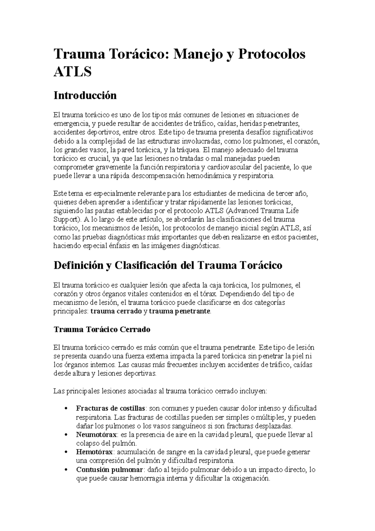 Manejo y Protocolos ATLS en Trauma Torácico UCB - Studocu