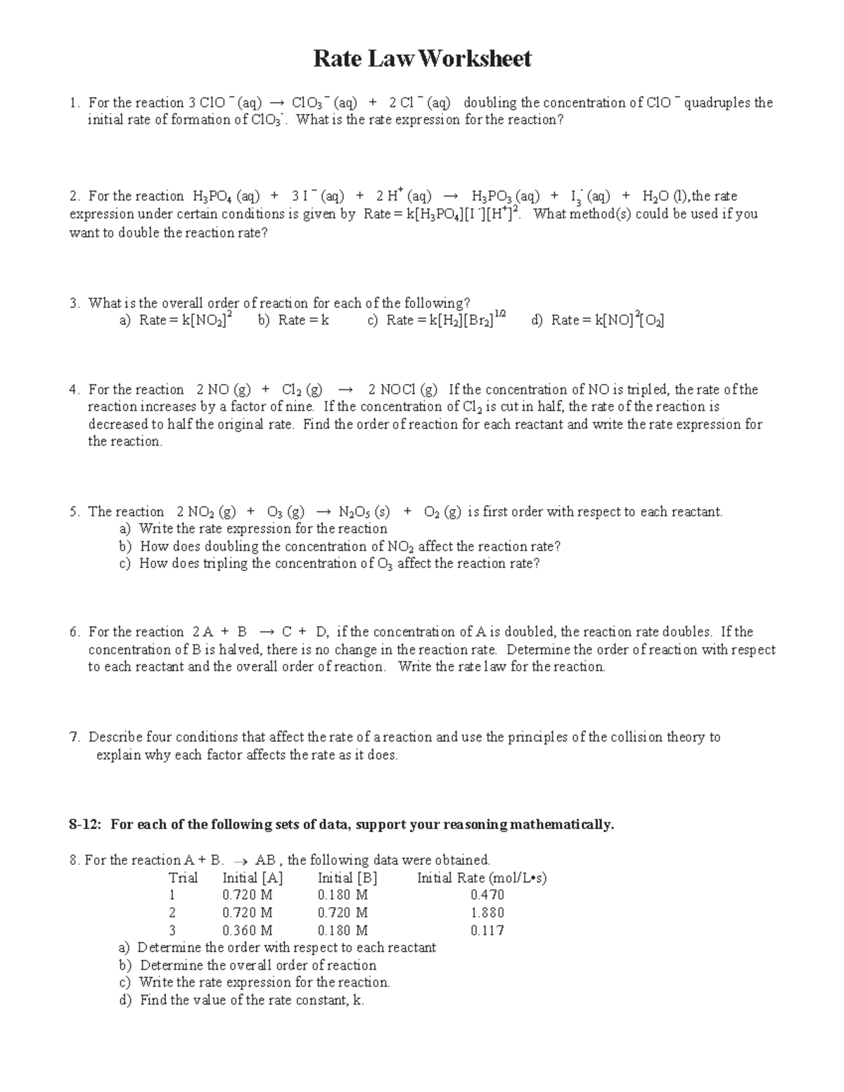 Rate Law Worksheet - A series of questions based on The Rate Law that ...