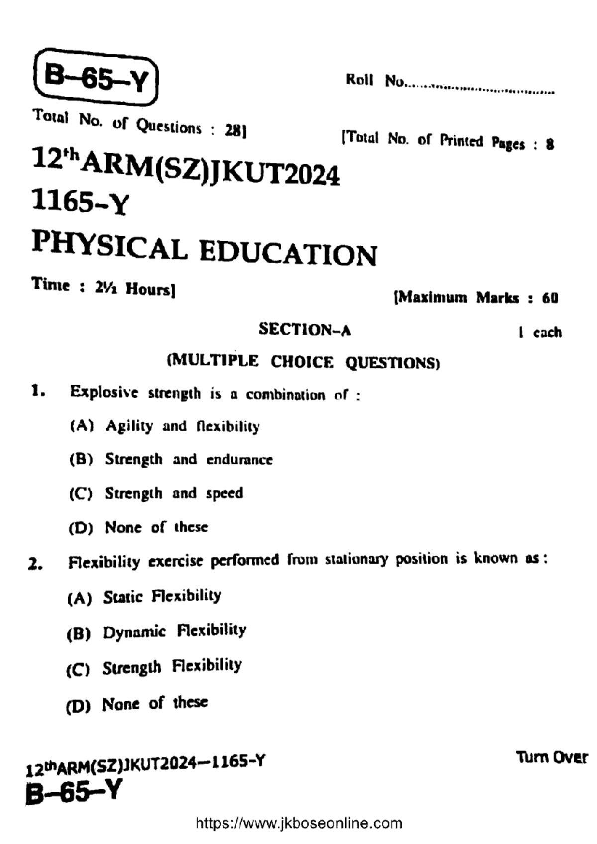12ᵗʰ ARM(SZ) JKUT 2024 Physical Education MCQ & Short Answer Guide ...