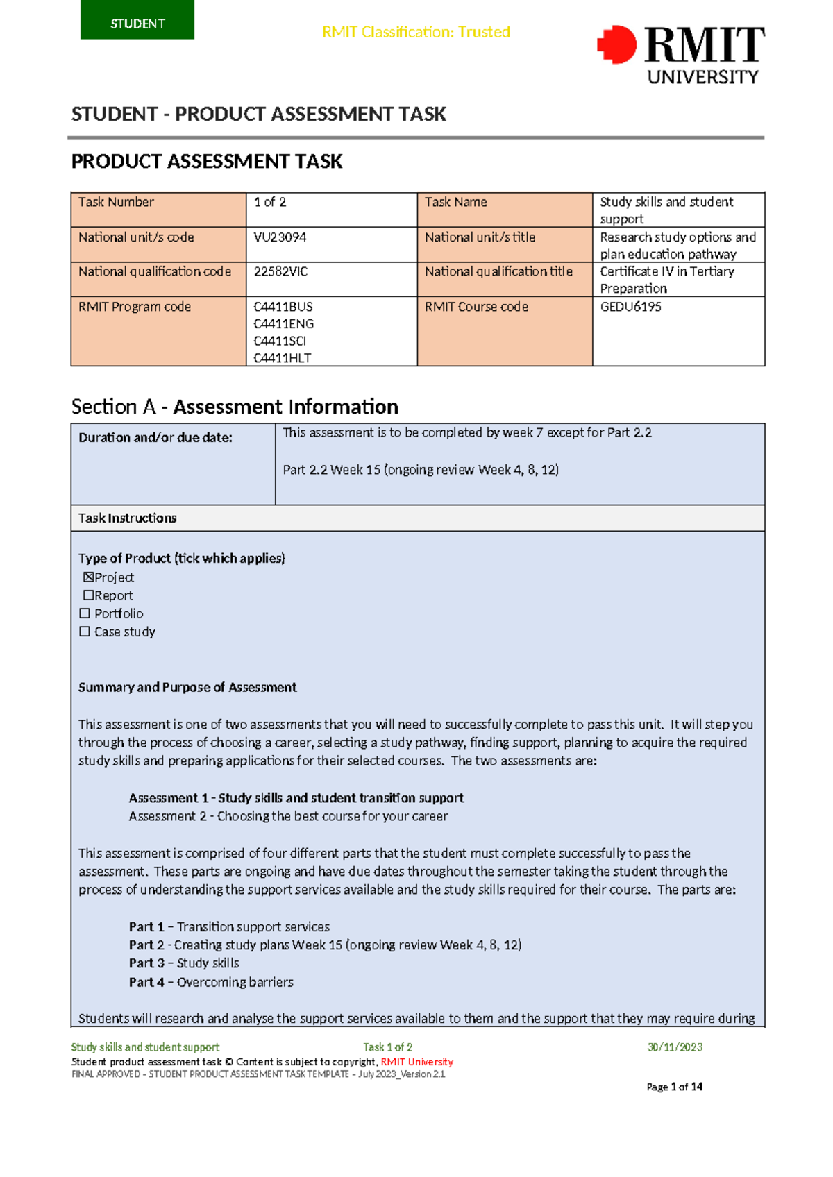 20231130 Task 1 Study skills and student support VU23094 Student - RMIT ...