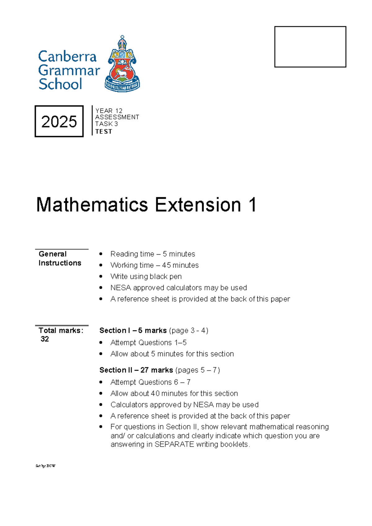 2025 HSC Mathematics Extension 1 Task 3 Assessment Paper - Studocu