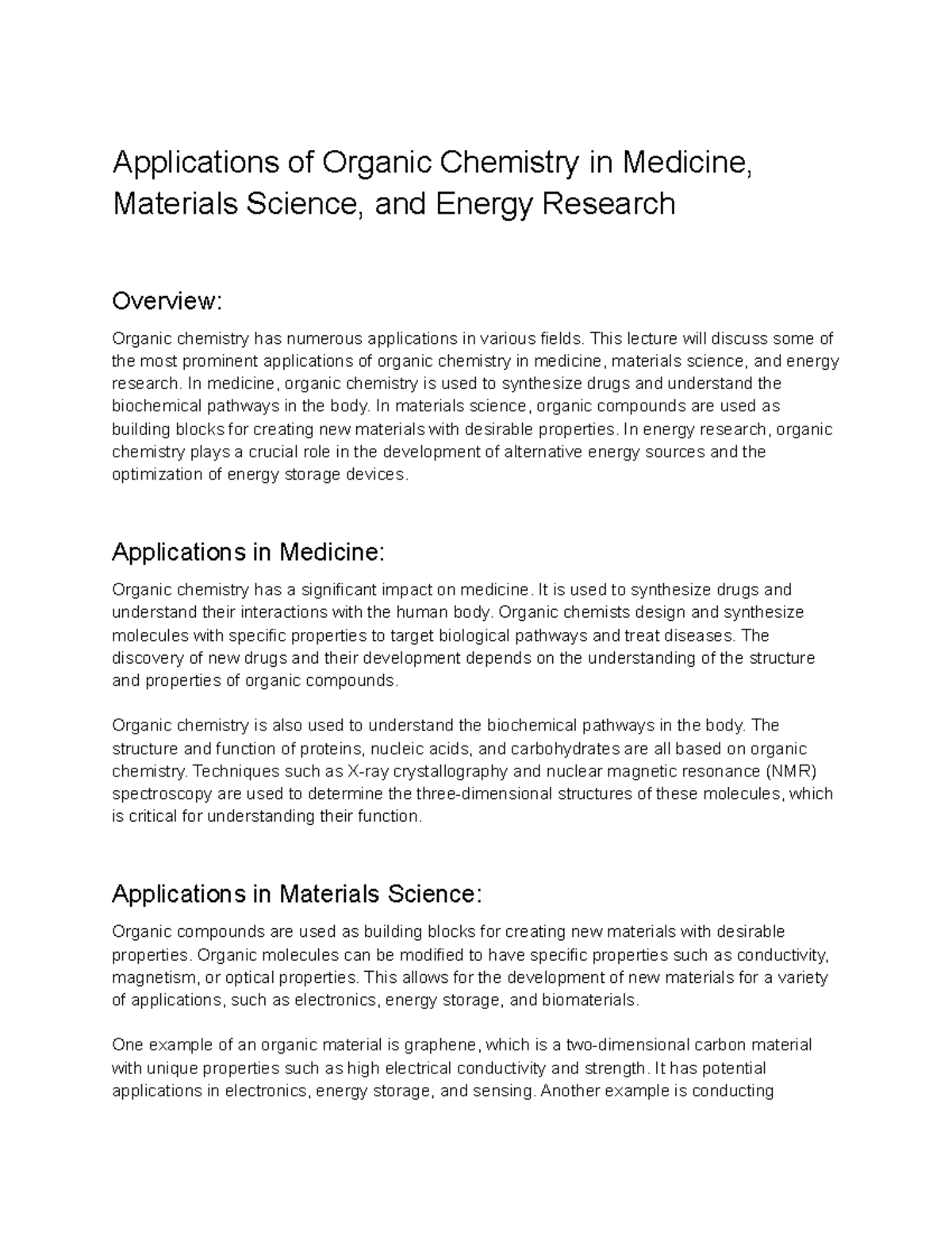 Organic Chemistry II (CHM-2020 ) Lecture 35 - Applications of Organic ...