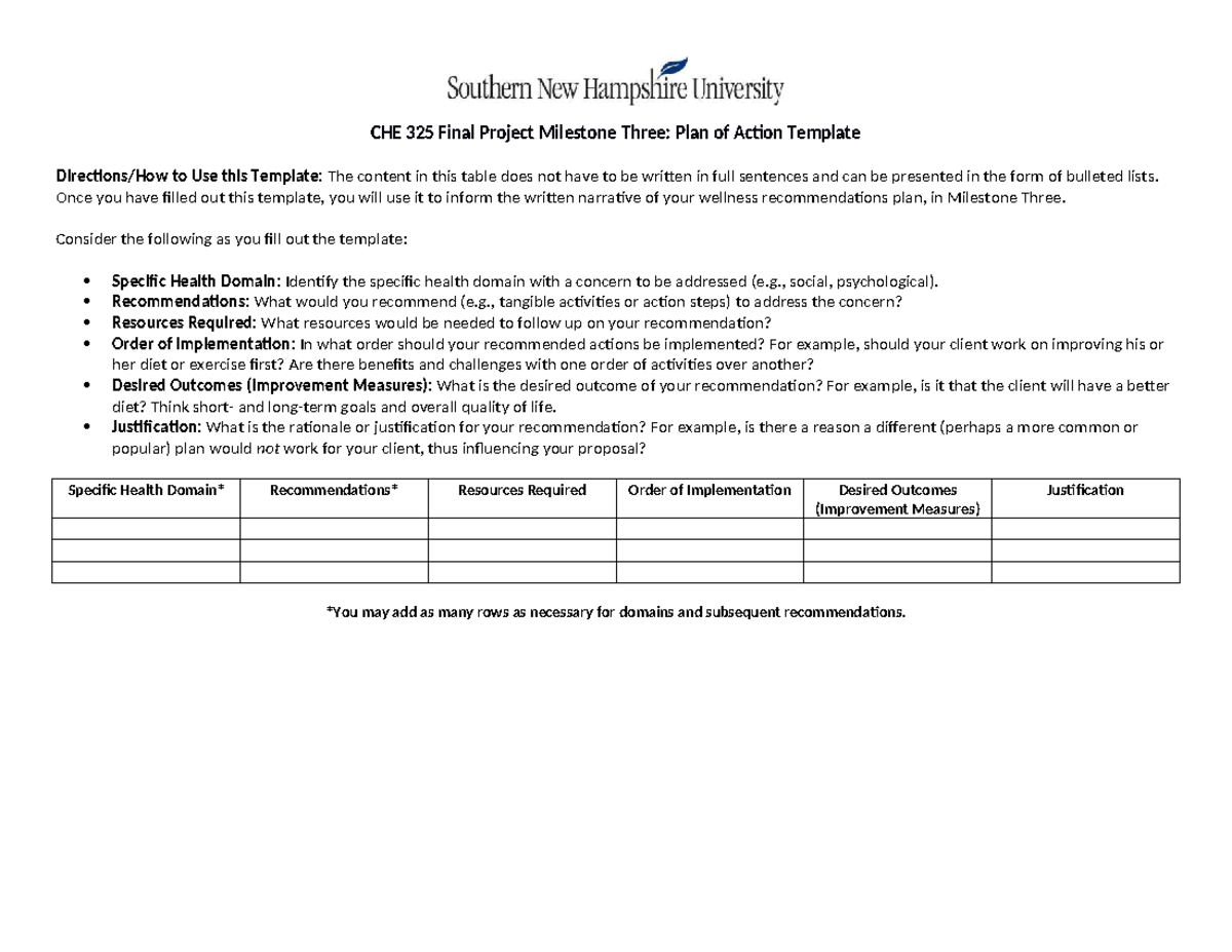 CHE 325 Final Project Milestone 3: Action Plan Template - Studocu