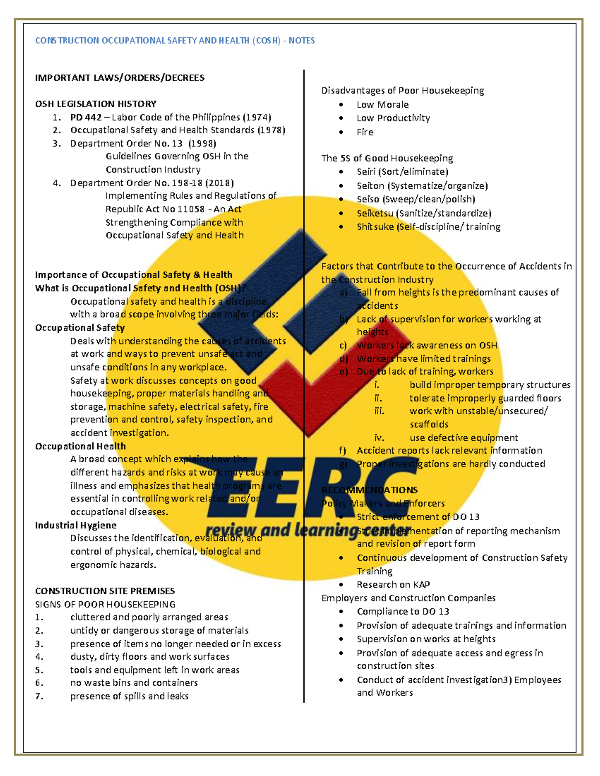COSH Handout Nov 2022 (EERC) - IMPORTANT LAWS/ORDERS/DECREES OSH ...
