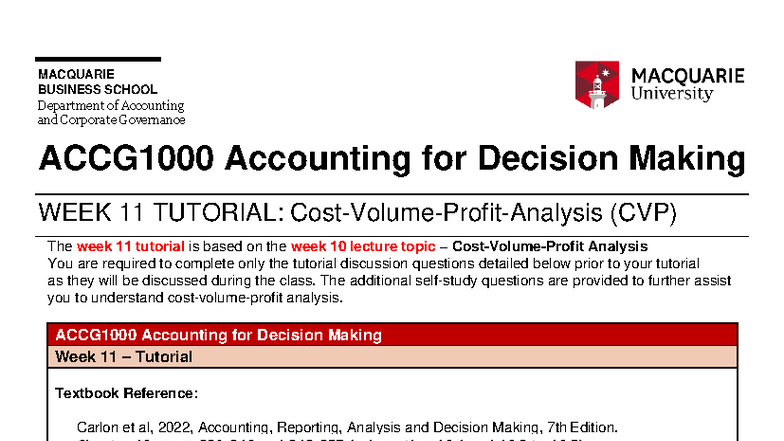 ACCT101 Week 11 Tutorial: CVP Analysis Questions & Activities - Studocu
