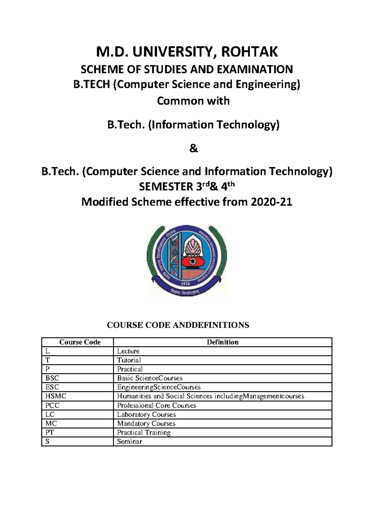 B.Tech CSE 2nd Year Syllabus (Semester 4) - M.D. University - Studocu