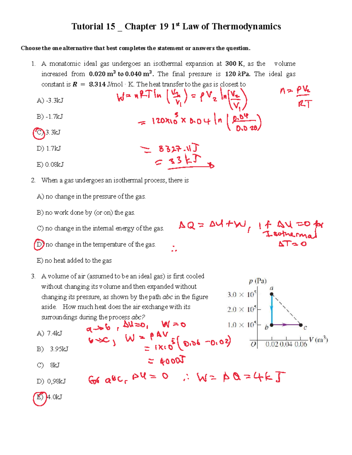 Tutorial 15 Solutions: Chapter 19 - 1st Law of Thermodynamics - Studocu