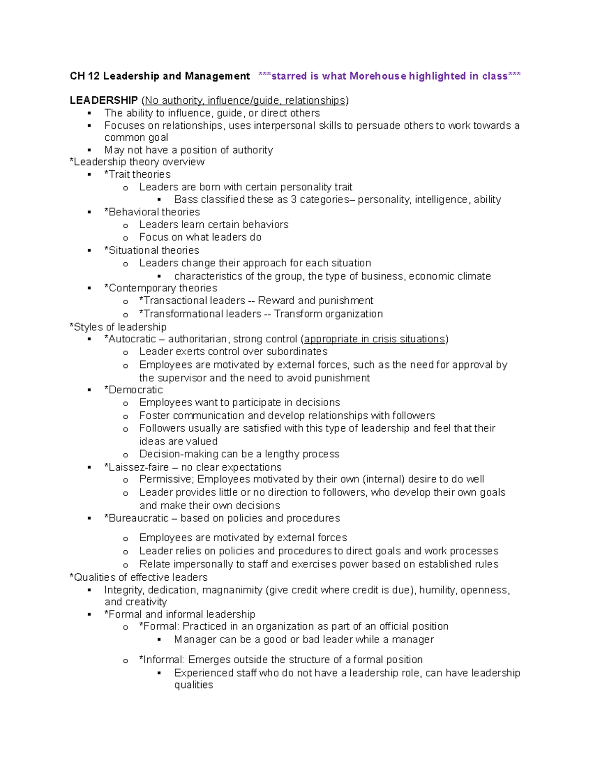 CH 12 Study Guide - notes - CH 12 Leadership and Management starred is ...