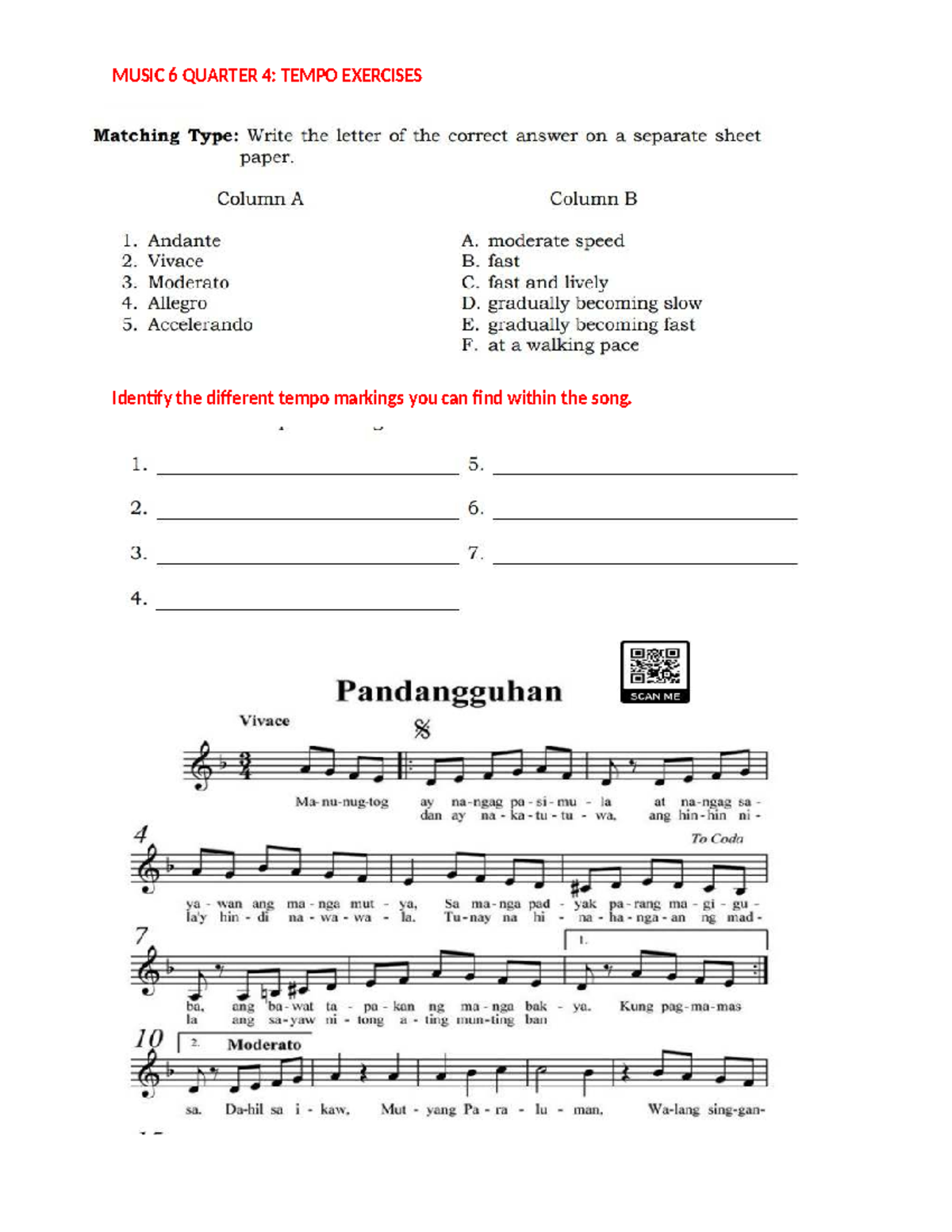 MUSIC 6 Q4: Tempo Markings & Texture Exercises - Studocu