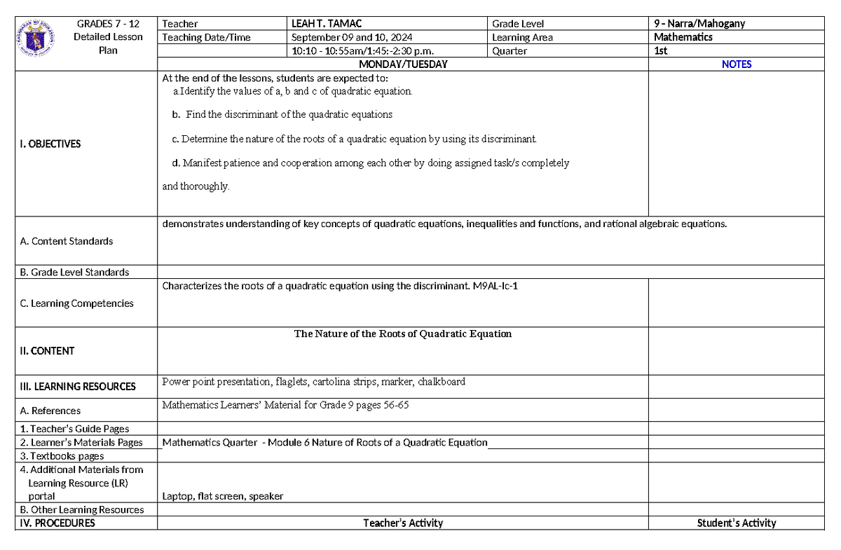 Grade 9 Math Lesson Plan: Understanding the Discriminant of Quadratics ...