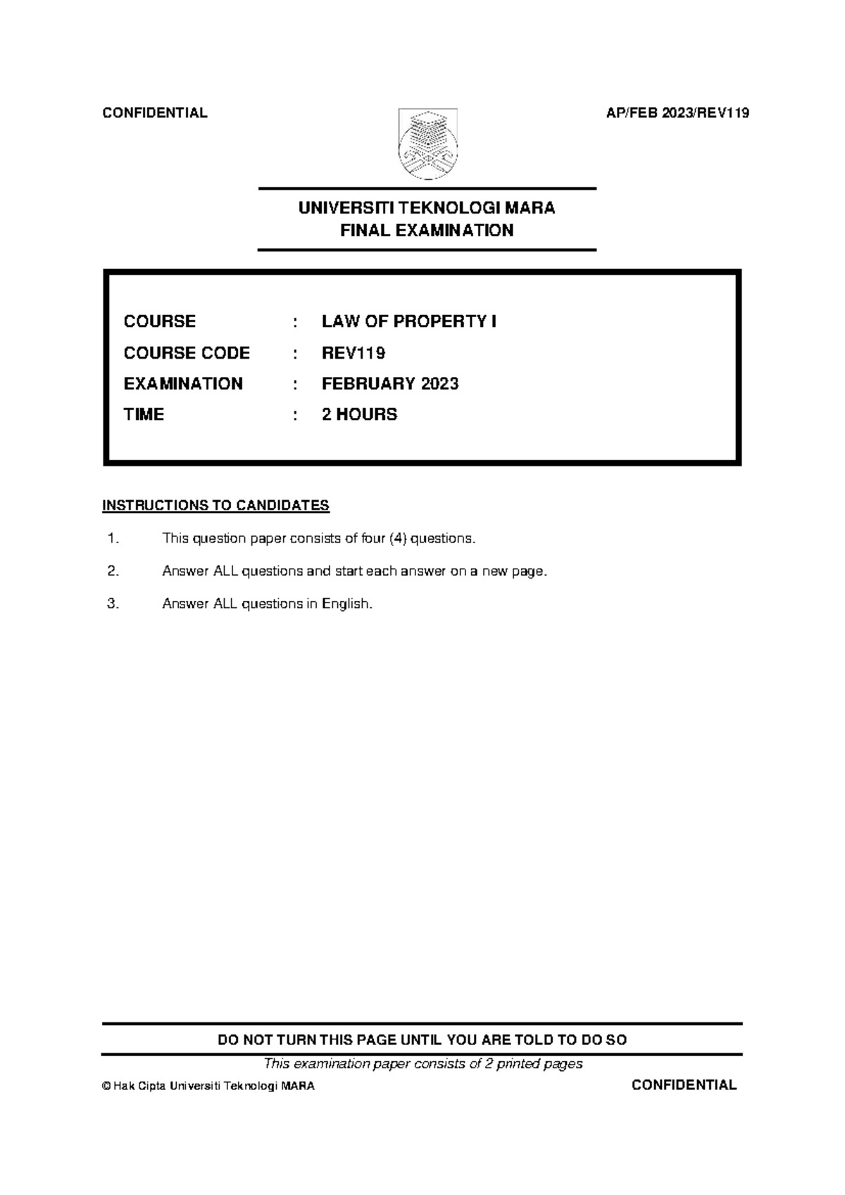 REV119 Final Exam Paper - Law of Property I (Feb 2023) - Studocu