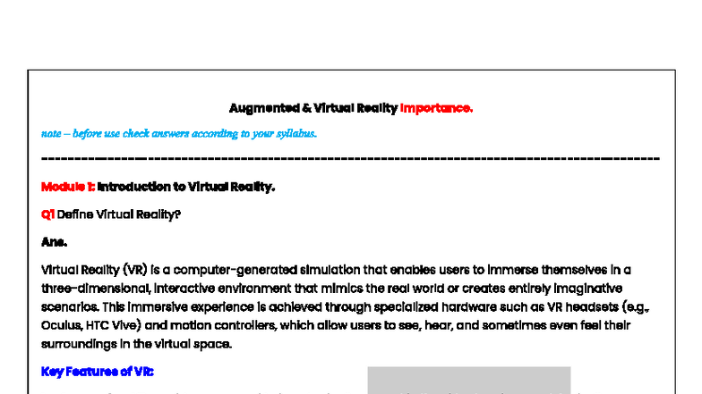 AR/VR Notes: Importance and Applications in Virtual Reality - Studocu