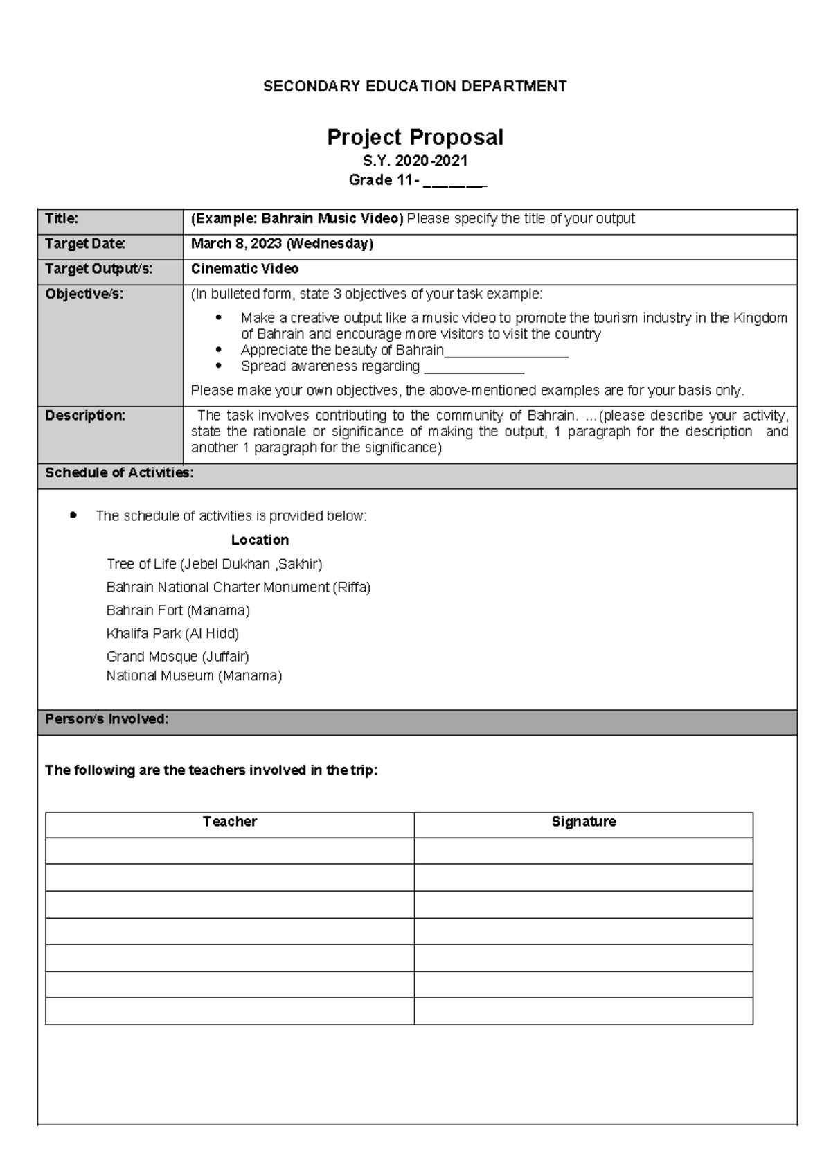Grade 11 Project Proposal: Bahrain Tour Cinematic Video منصوبه - Studocu