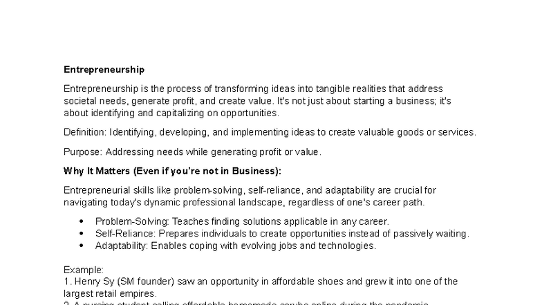 Entrepreneurship: Transforming Ideas into Value Creation - ENTR 101 - Studocu