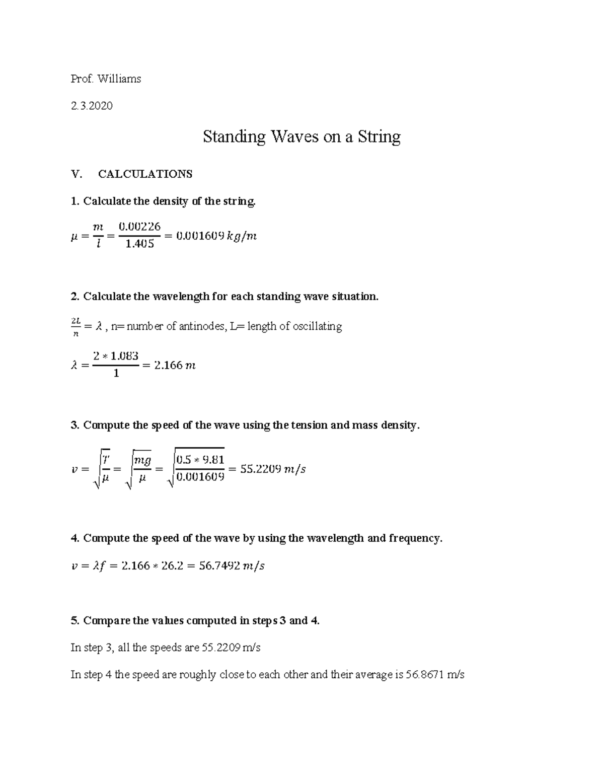 Lab 1 - Calculations and Conclusions on Standing Waves (PHYS 101) - Studocu