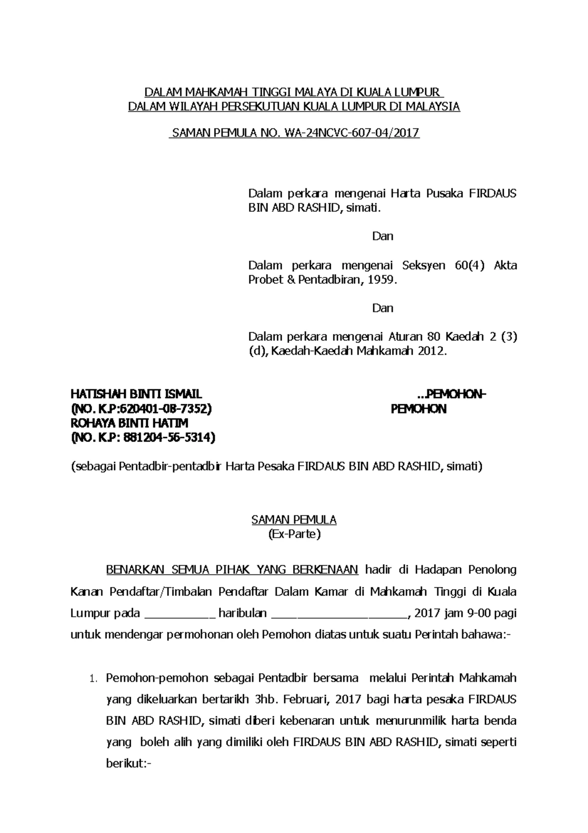 Contoh Borang DDA Surat Persetujuan Harta Pusaka Malaysia - Studocu