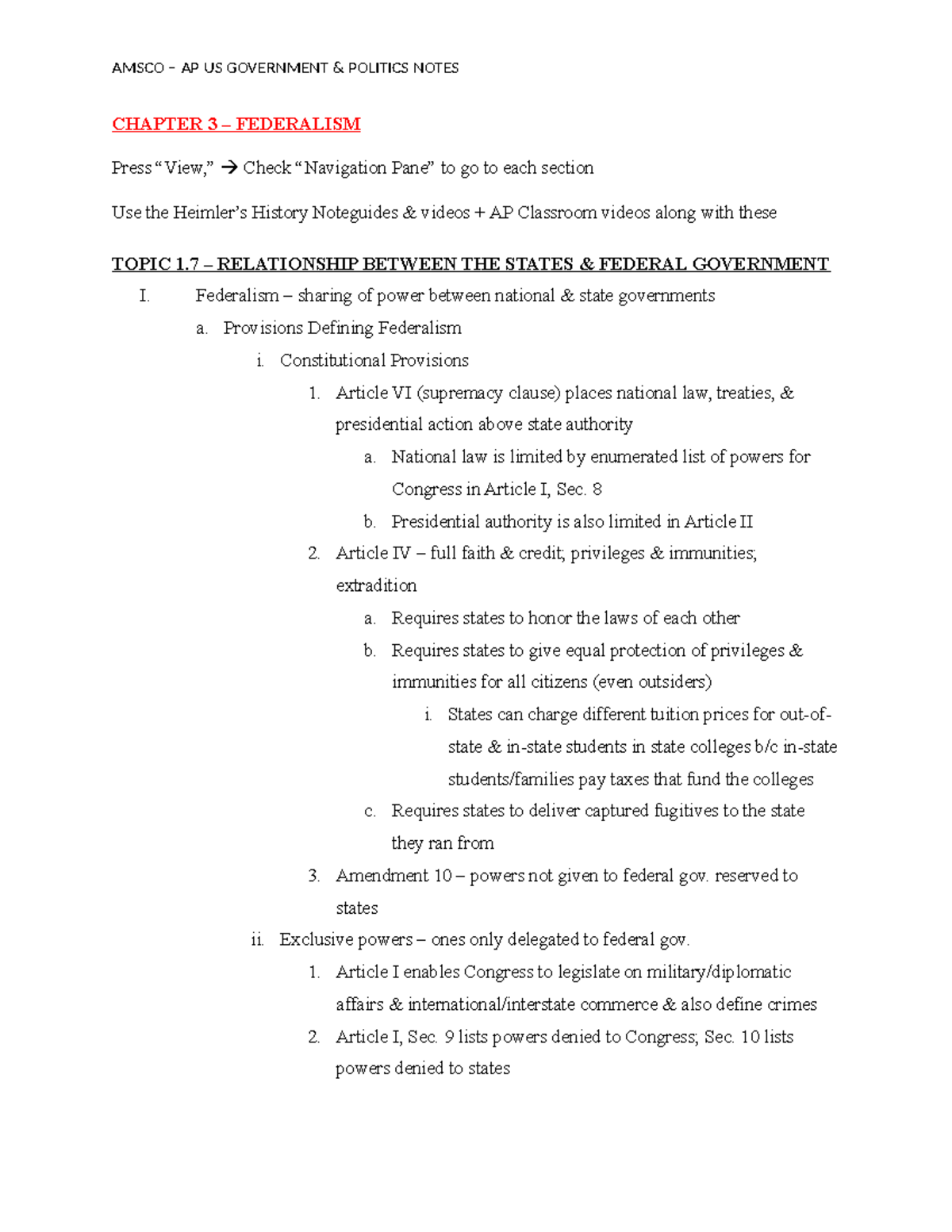 AMSCO AP US GOVERNMENT POLITICS NOTES: CHAPTER 3 - FEDERALISM - Studocu