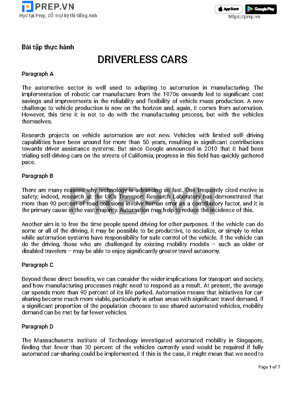 Prep.vn - 12345 - Bài tập thực hành DRIVERLESS CARS Paragraph A The ...