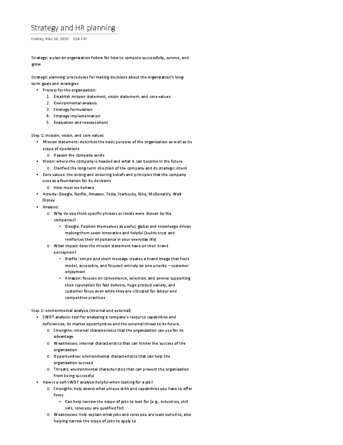 Bu354 - Class 2 - Strategy and HR Planning Notes - Studocu
