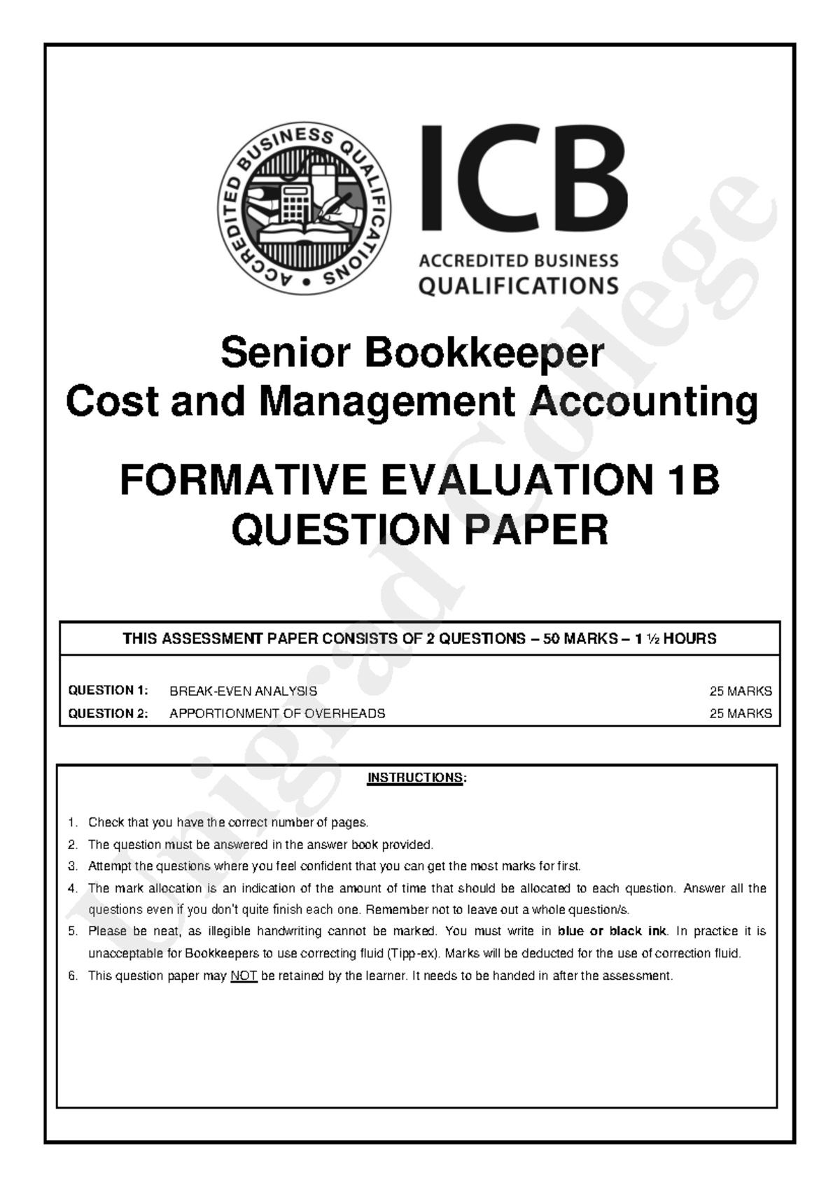 Senior Bookkeeper: Cost & Management Accounting Formative Eval 1B - Studocu
