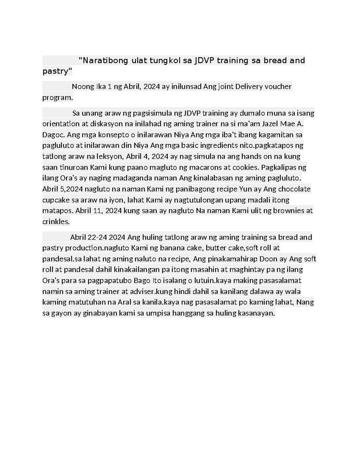 JDVP Training Naratibong Ulat sa Bread and Pastry Production - Studocu