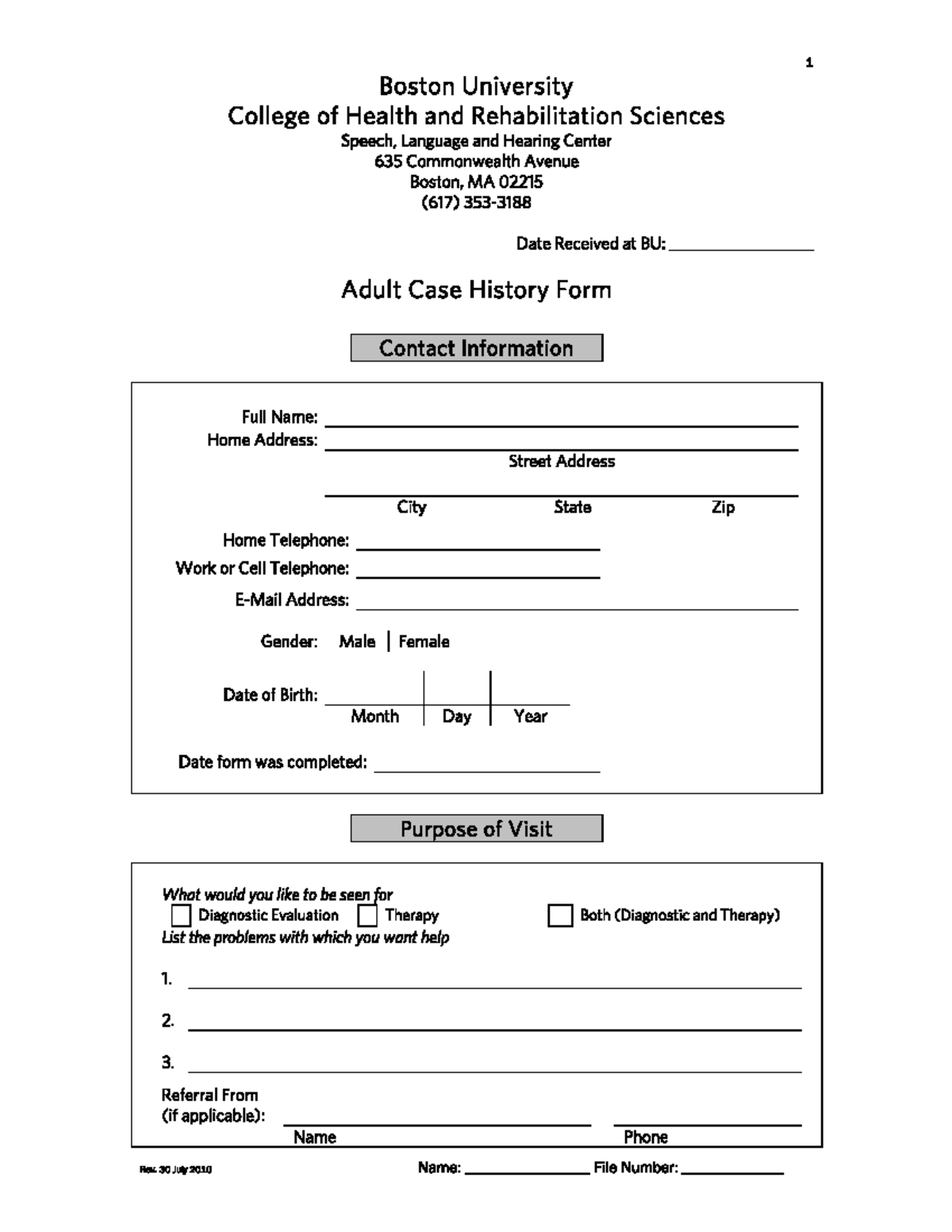 Boston University - Speech & Hearing Center Intake Form (Rev. 2010 ...