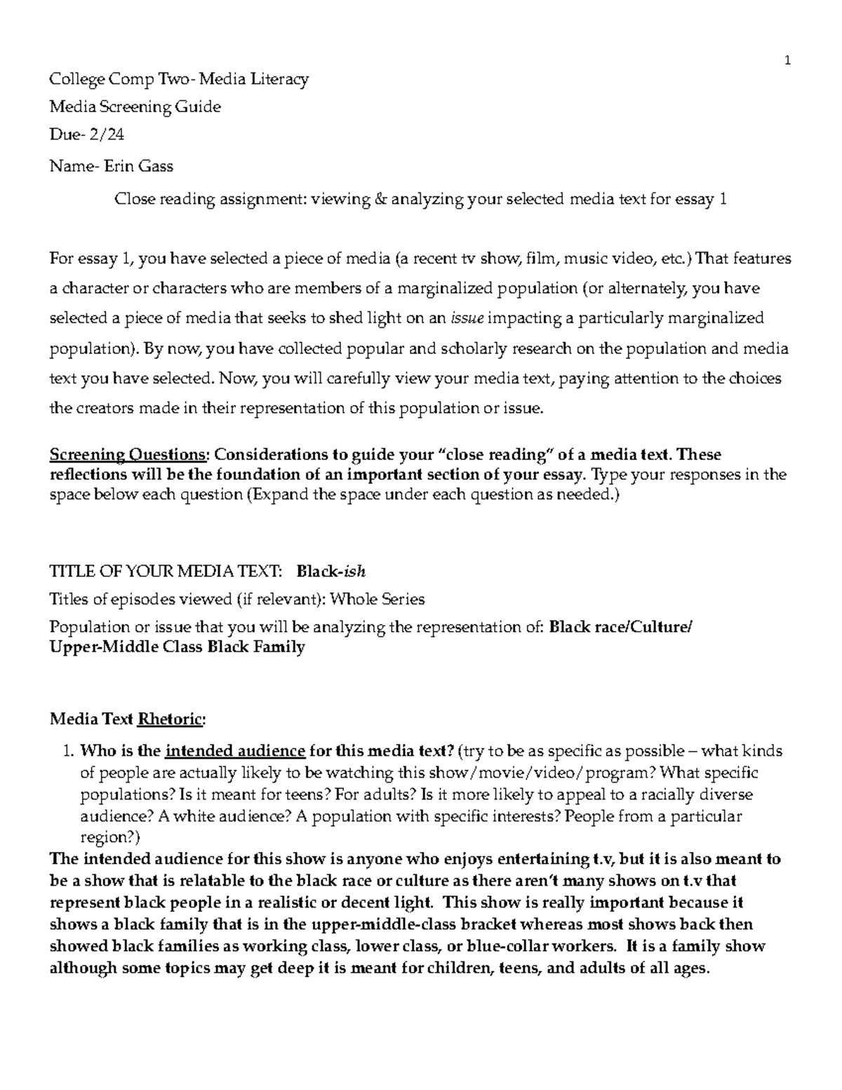 Media Screening Guide - Template for essay - College Comp Two- Media ...