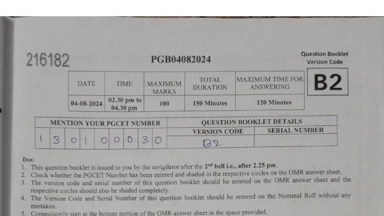 Karnataka PGCET 2024 MBA Question Paper B2 - Version Code and ...
