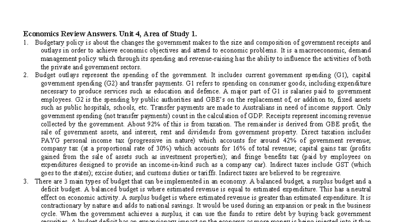 3855 Economics Unit 4 Budgetary Policy Review Notes - Studocu