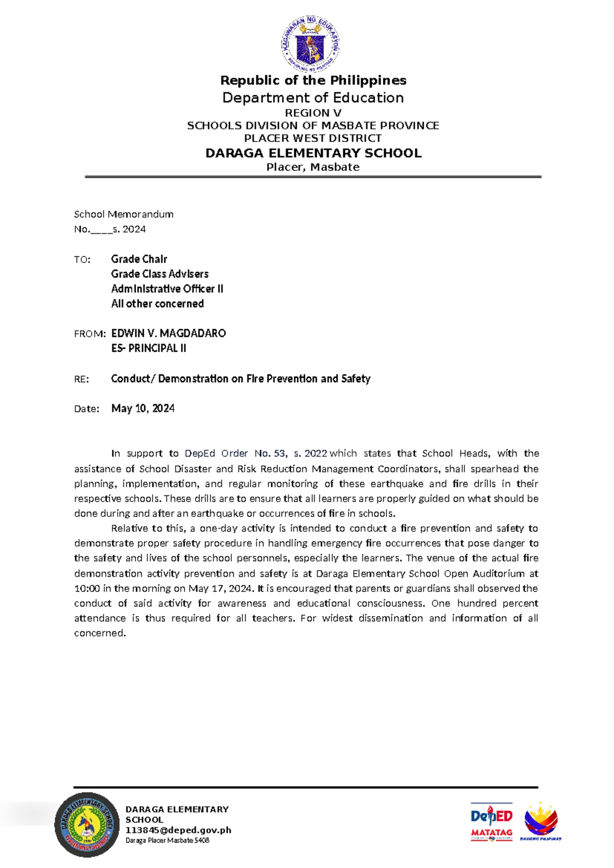 Fire Drill Memo for Safety Demonstration at Daraga Elementary School ...