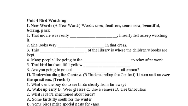 Unit 4 Bird Watching - Test on New Words and Context - Studocu