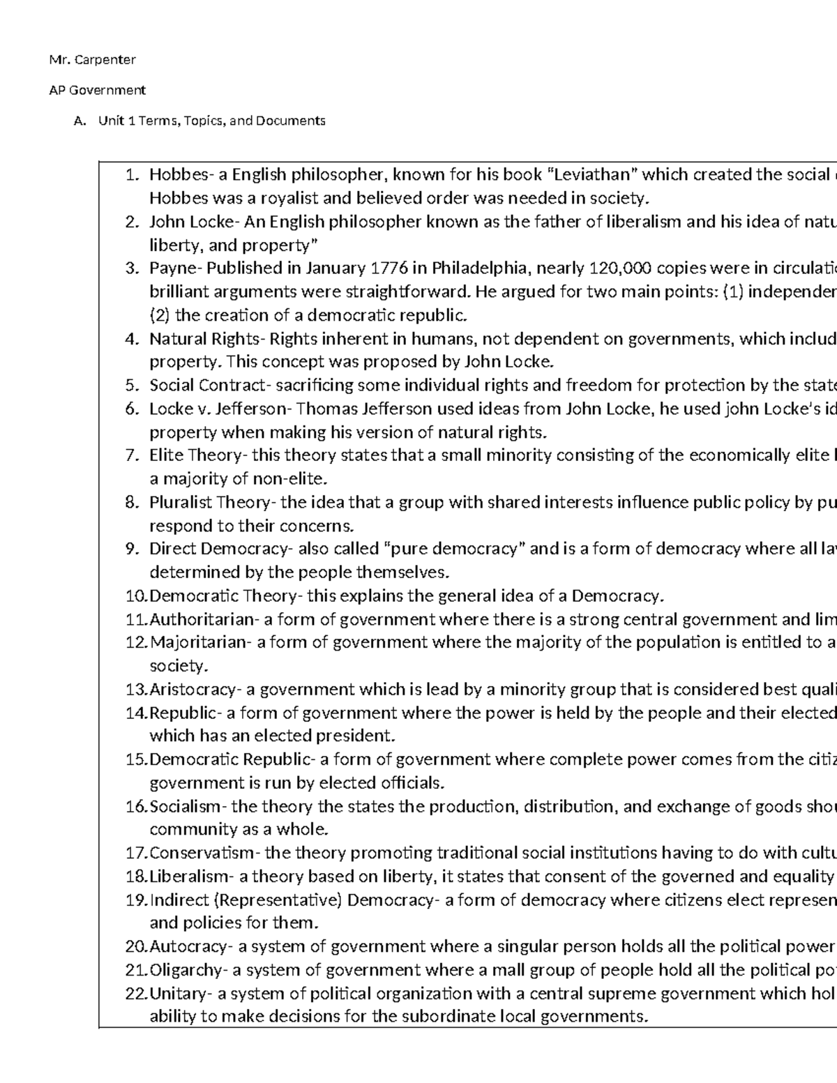 AP Government A: Unit 1 Key Terms and Concepts Overview - Studocu