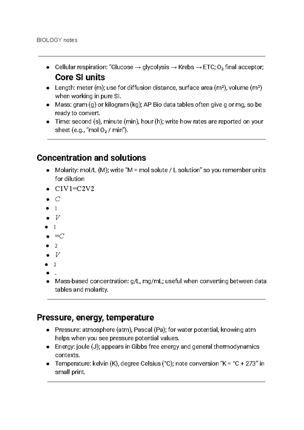 AP BIOLOGY Final Exam Notes: Cellular Respiration & Core SI Units - Studocu