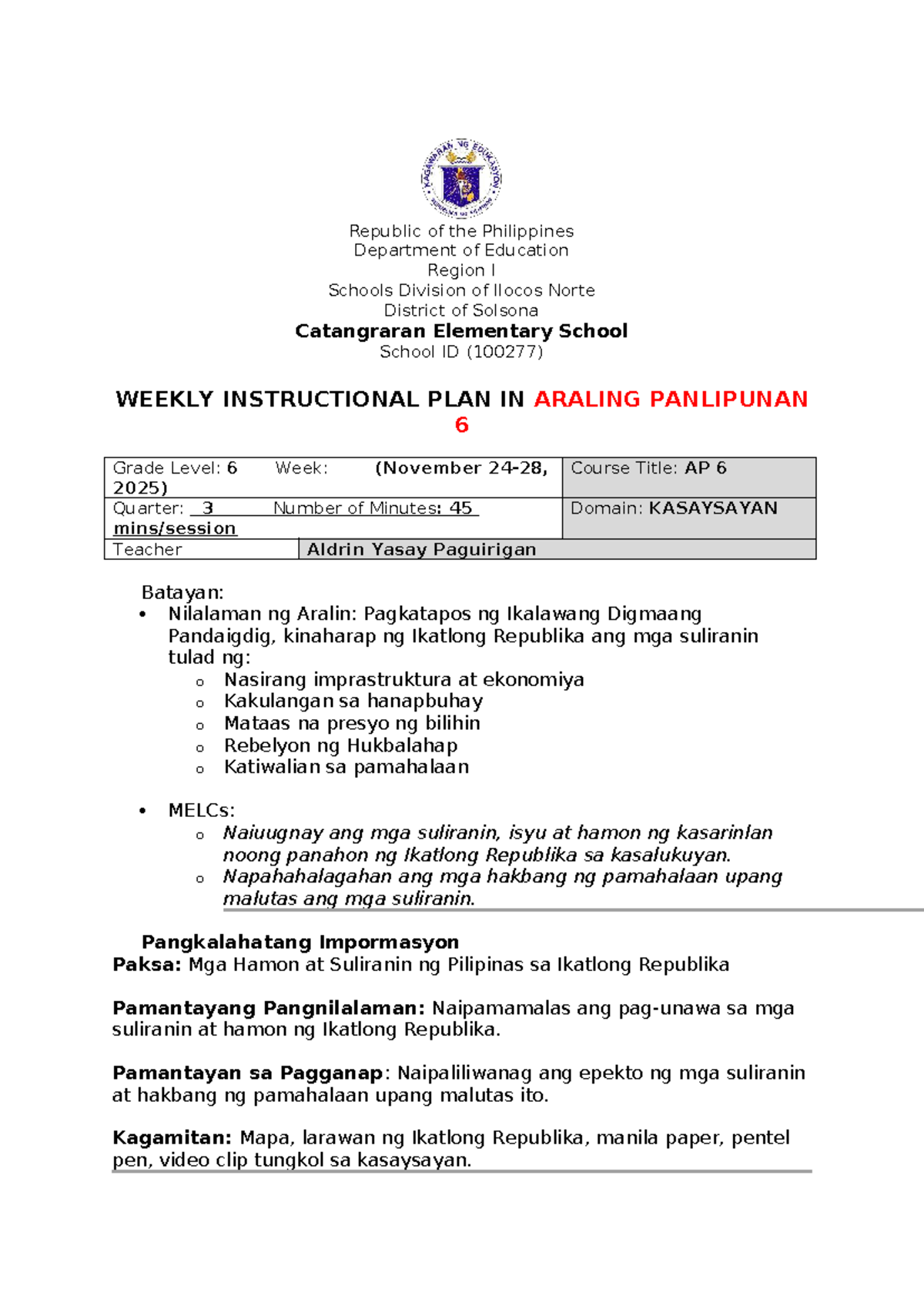 7E Lesson Plan for AP 6: Week 3 - Mga Hamon ng Ikatlong Republika - Studocu