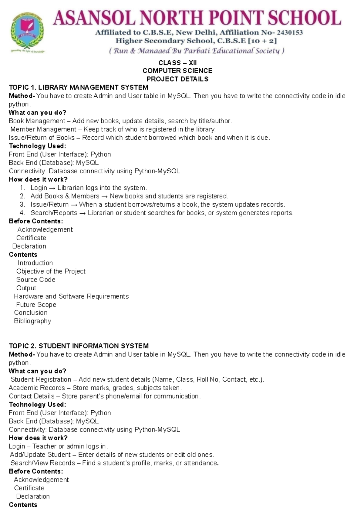 Computer Science Class XII Final Project: Management Systems Overview ...