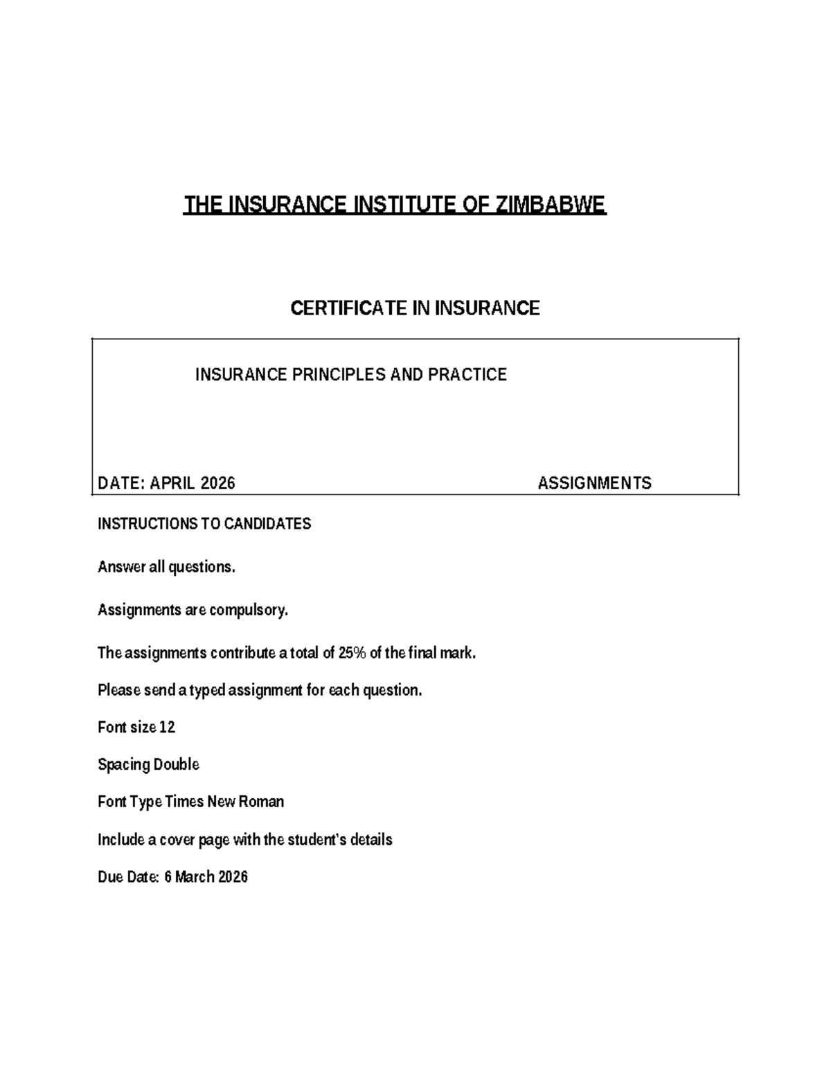 Insurance Principles and Practice Assignments - Cert in Insurance - Studocu