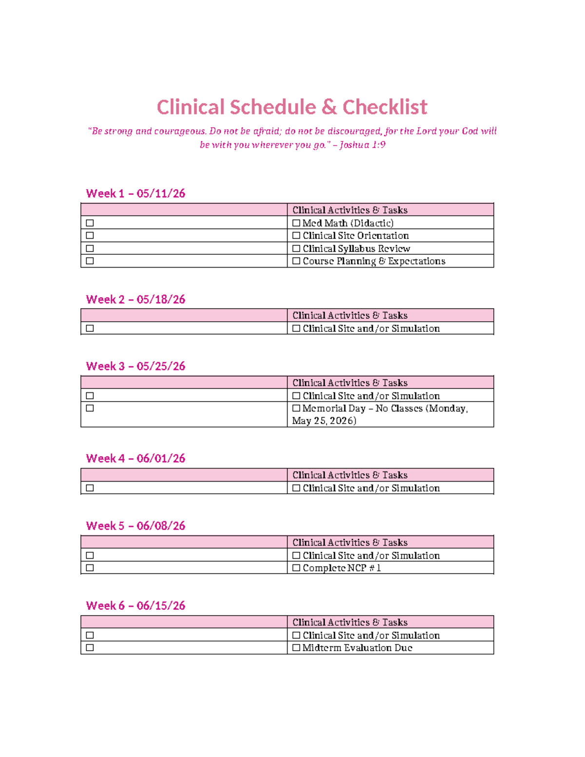 Clinical Schedule Checklist: Week 1-6 Activities & Tasks - Studocu