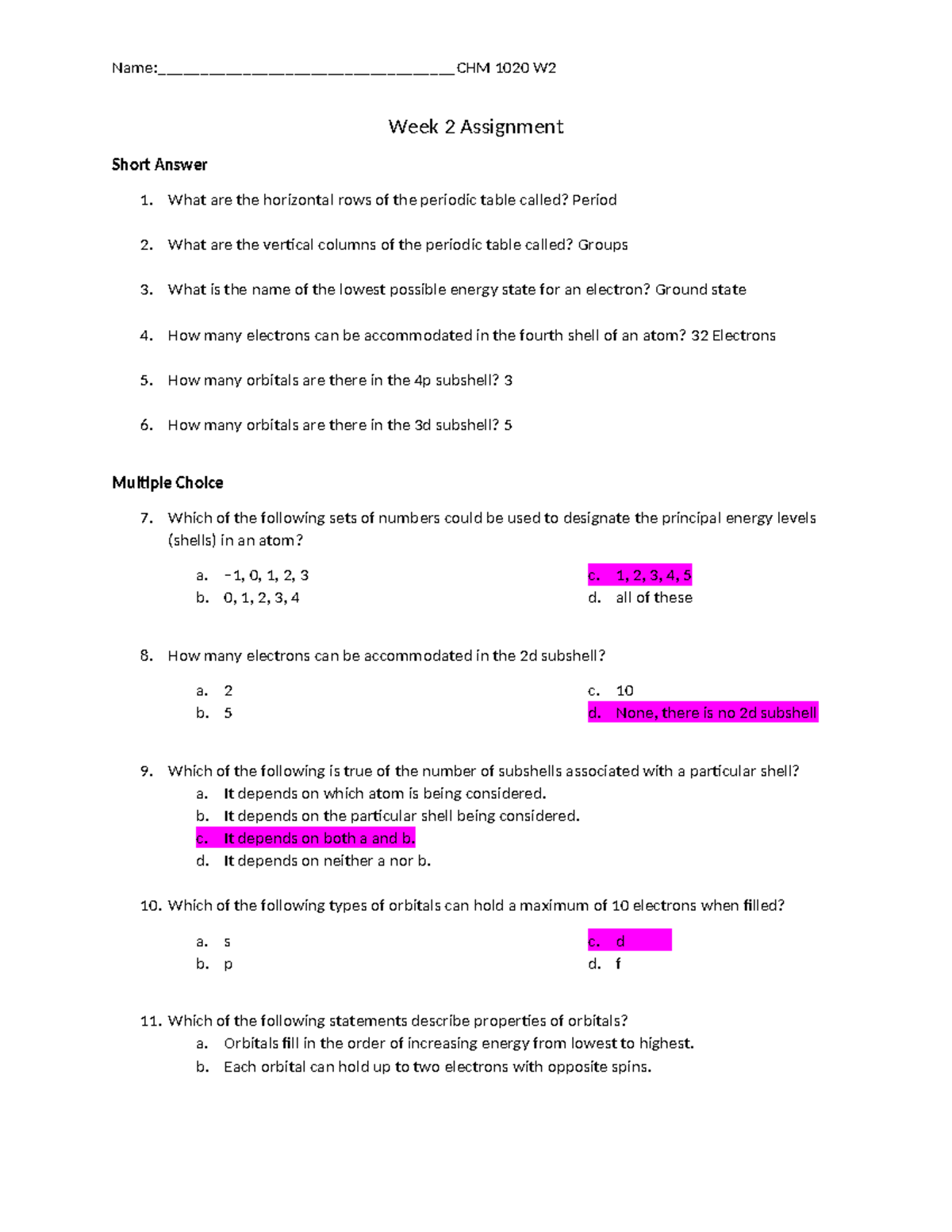 Chm1020 Week 2 - Classwork Assignment with Periodic Table Questions ...