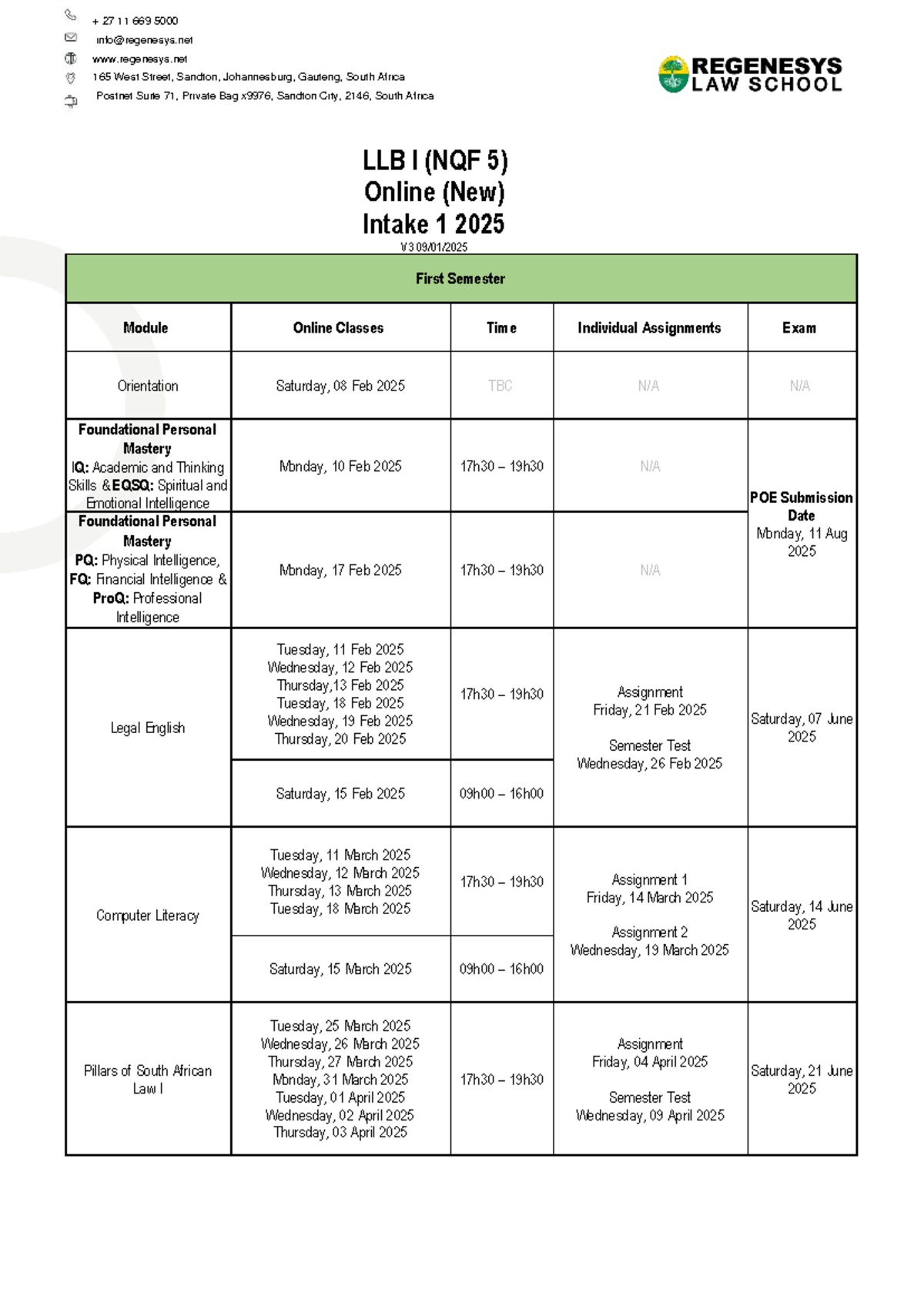 LLB I (NQF 5) Online Intake 1 Schedule 2025: Class Timetable ...