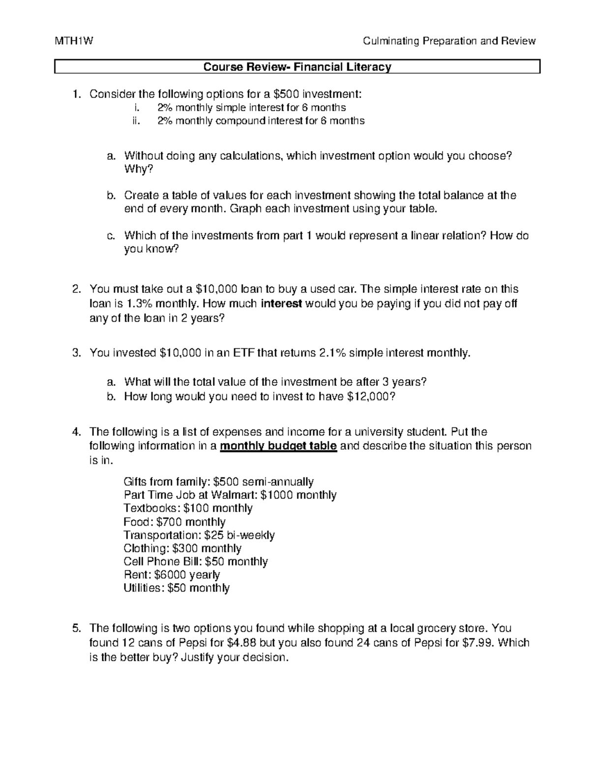 MTH1W Financial Literacy Review: Culminating Preparation & Analysis ...
