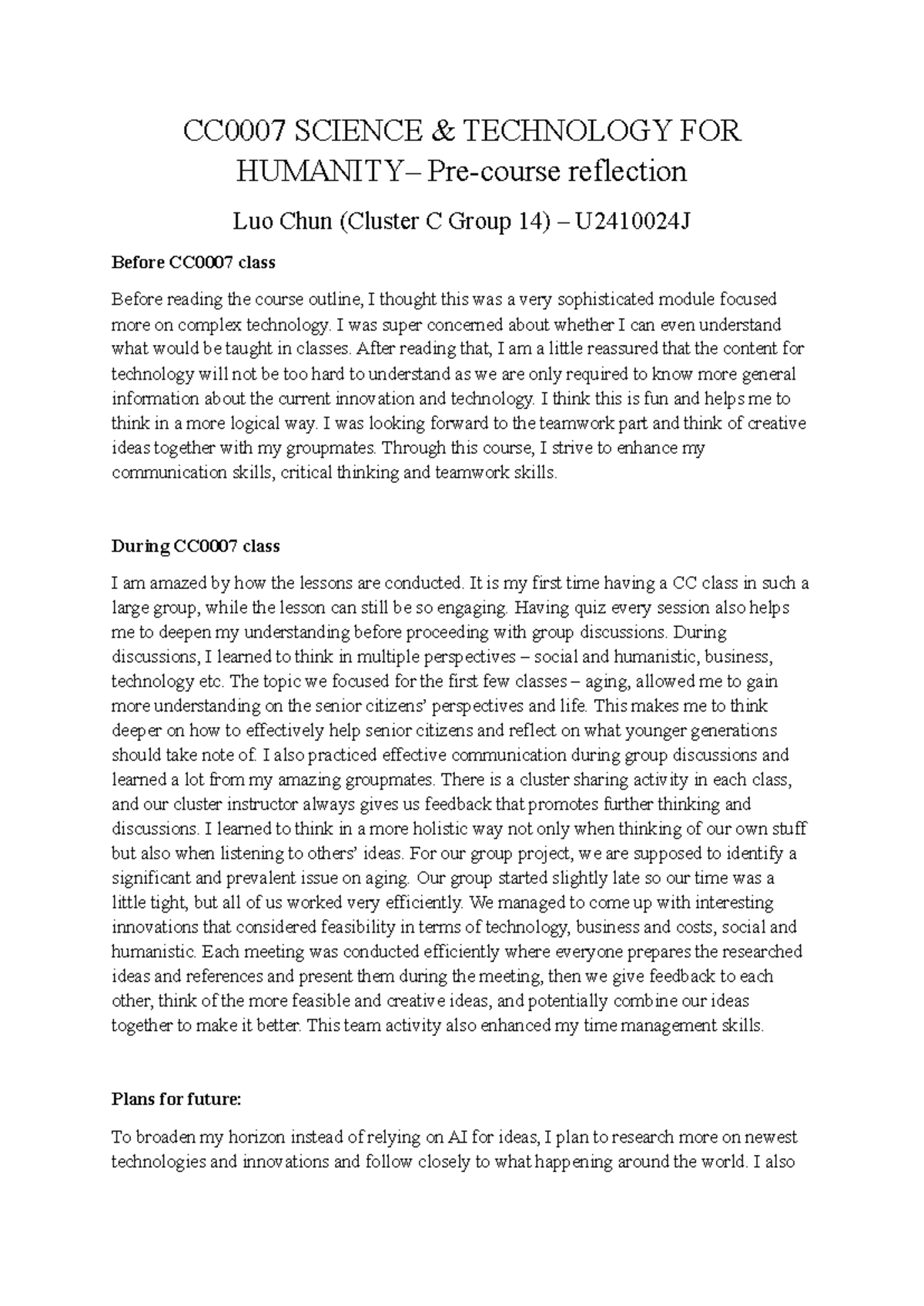CC0007 Pre-Course Reflection on Science & Technology Insights - Studocu